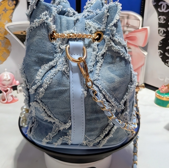 Bags | Boho Chic Raw Edge Denim Drawstring Bucket Bag With Gold Chain ...